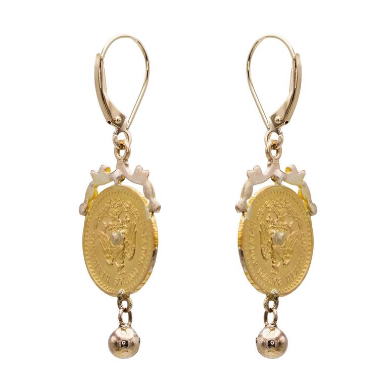22 Karat Gold Coin Drop Earrings with 14 Karat Gold Embellishment For ...