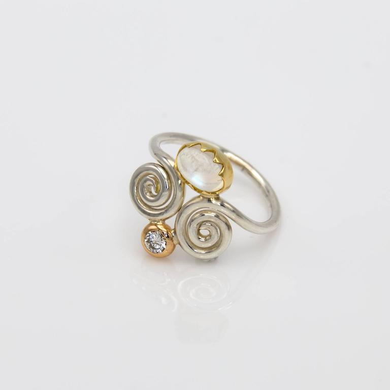 Spiral Swirl Two-Color Moonstone Diamond Sterling Silver Gold Ring For ...