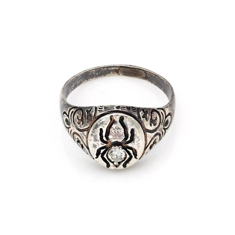 Diamond Sterling Silver Spider Signet Ring For Sale at 1stDibs