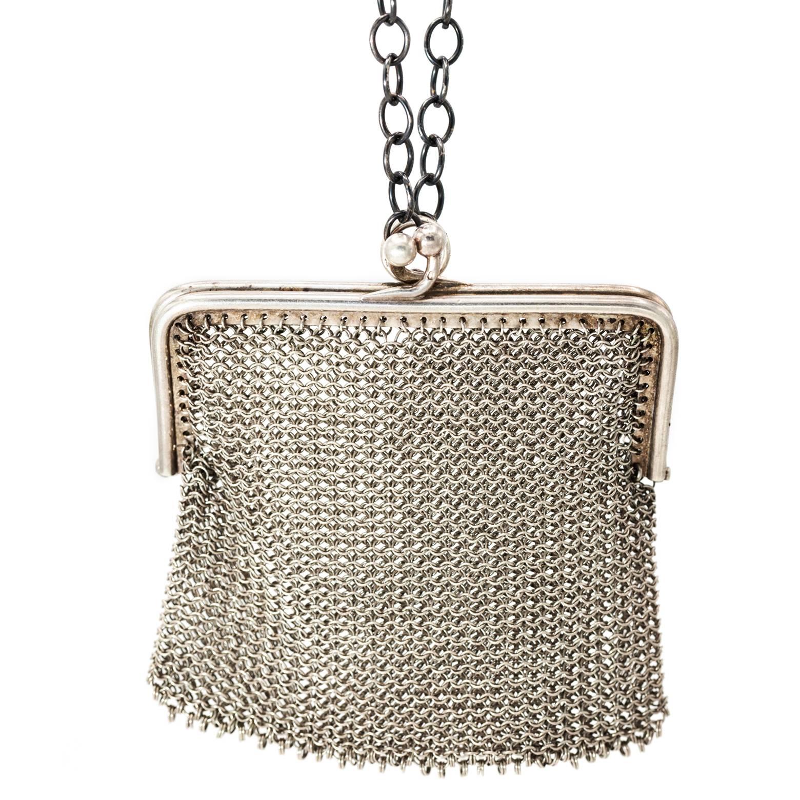 Art Deco Sterling Silver Mini Mesh Purse Pendant For Sale at 1stDibs