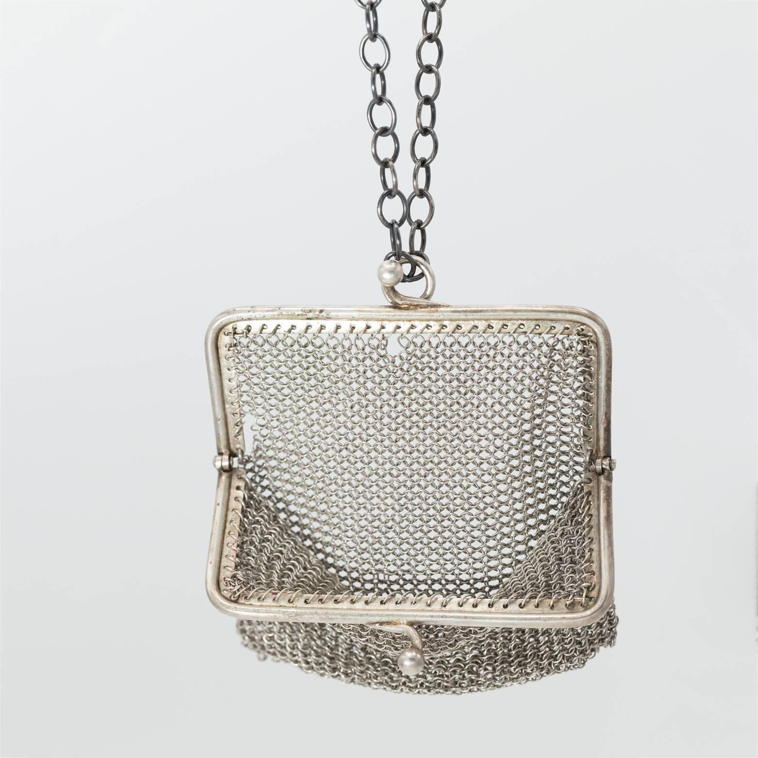 Art Deco Sterling Silver Mini Mesh Purse Pendant For Sale at 1stDibs