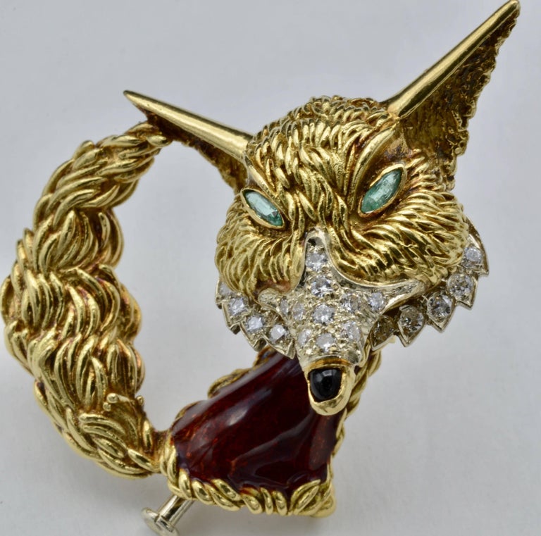 Fox Brooch Diamond Enamel Emerald 18K Gold Italy 1970 For Sale at 1stDibs