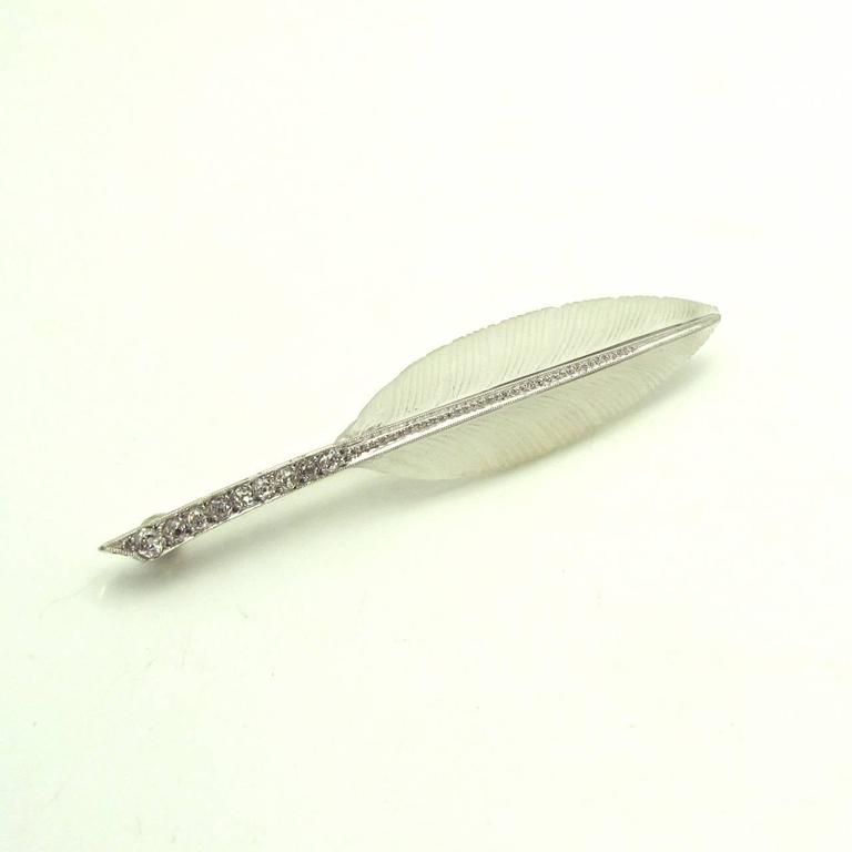 Crystal Quartz Diamond Gold Feather Pin For Sale at 1stDibs