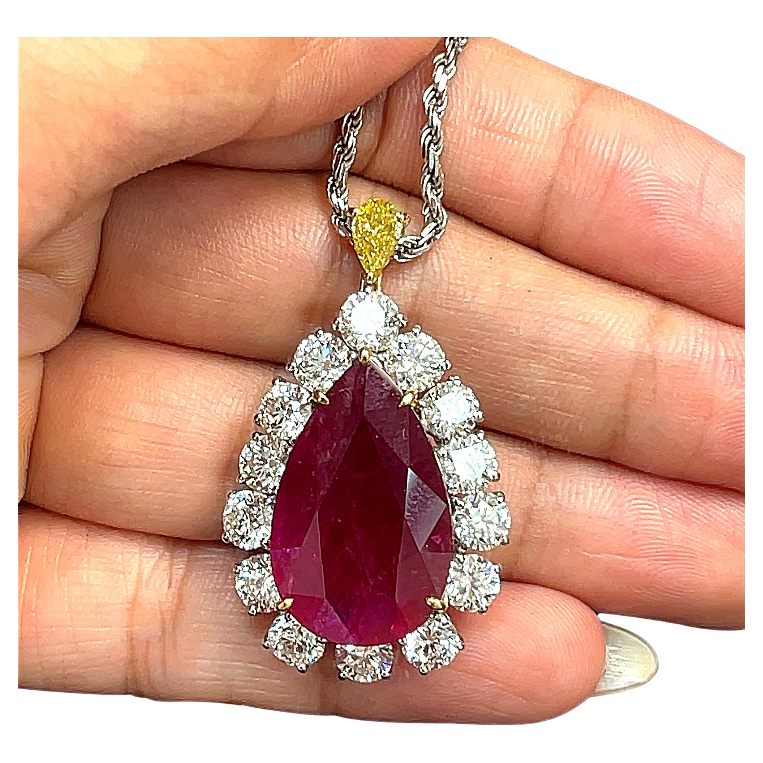 Mozambique Ruby Pear Shape Diamond Pendant in 18k White Gold Chain For ...