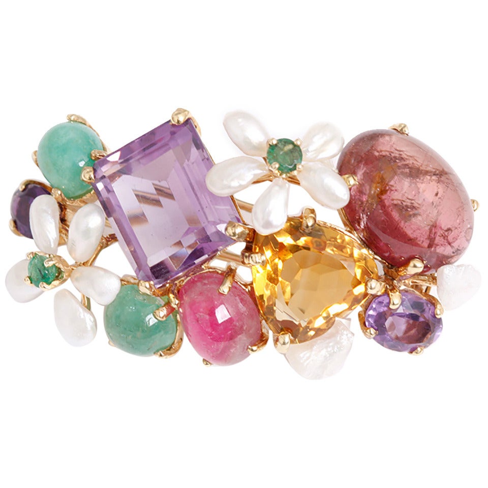 Tutti Frutti Gemstone Pearl Gold Brooch Pin from the Gabor Family ...