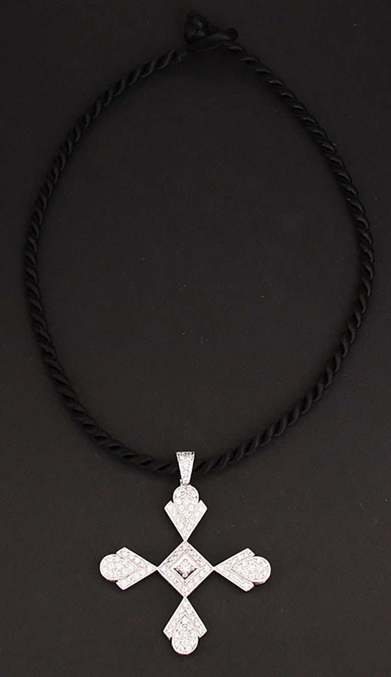 Amazing Sue Gragg White Gold and Diamond Cross Pendant on Black Cord at ...