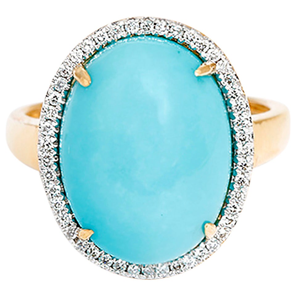 Beautiful Cabochon Turquoise Diamond Gold Ring at 1stDibs