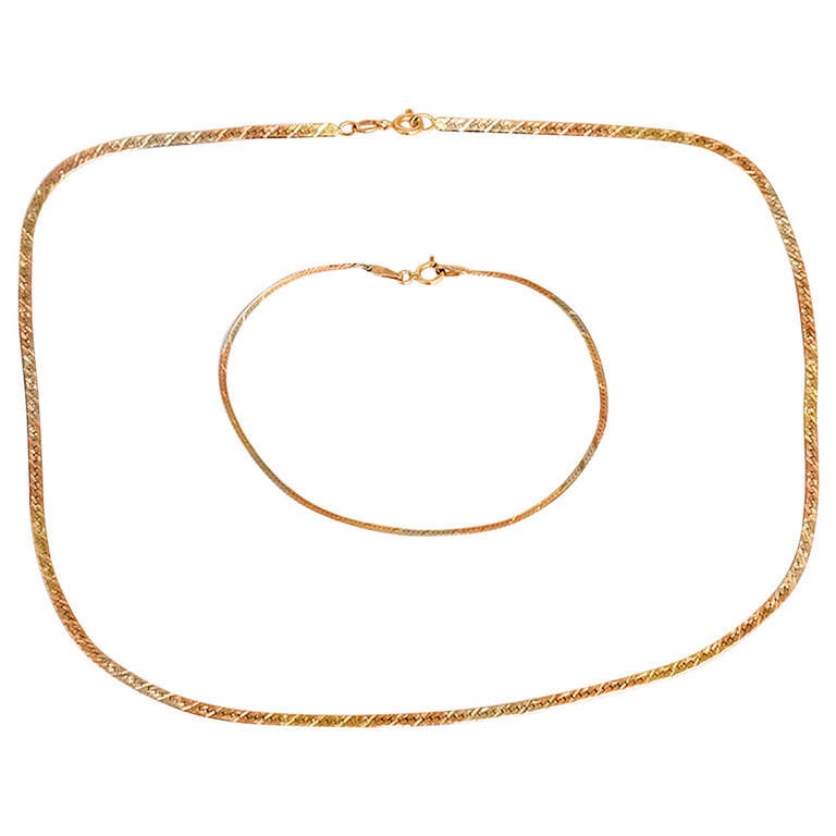 Wonderful Tri-Color Gold Necklace and Bracelet Set at 1stDibs