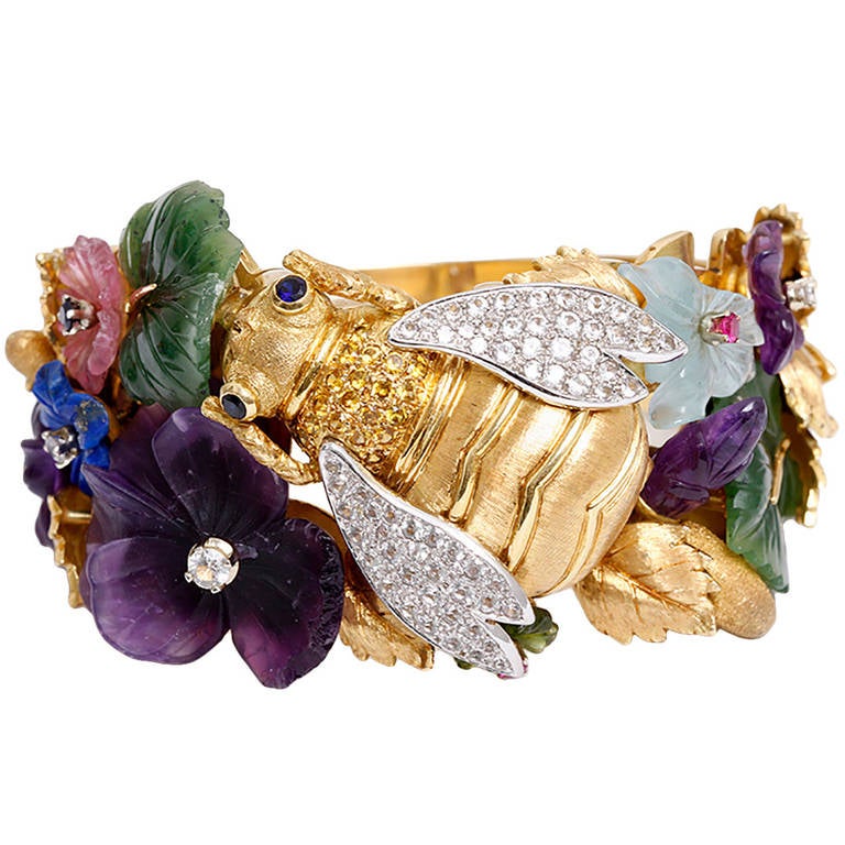 Carved Bee and Flower Yellow Gold, Hardstone and Simulated Gemstone ...