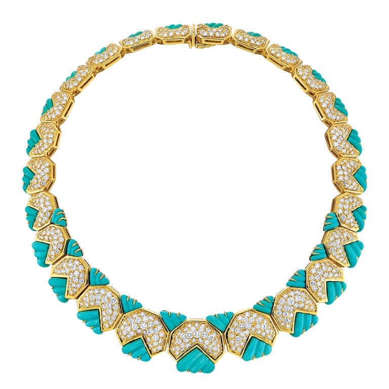 Collier Hammerman Bros en or jaune 18 carats avec turquoise et diamants ...