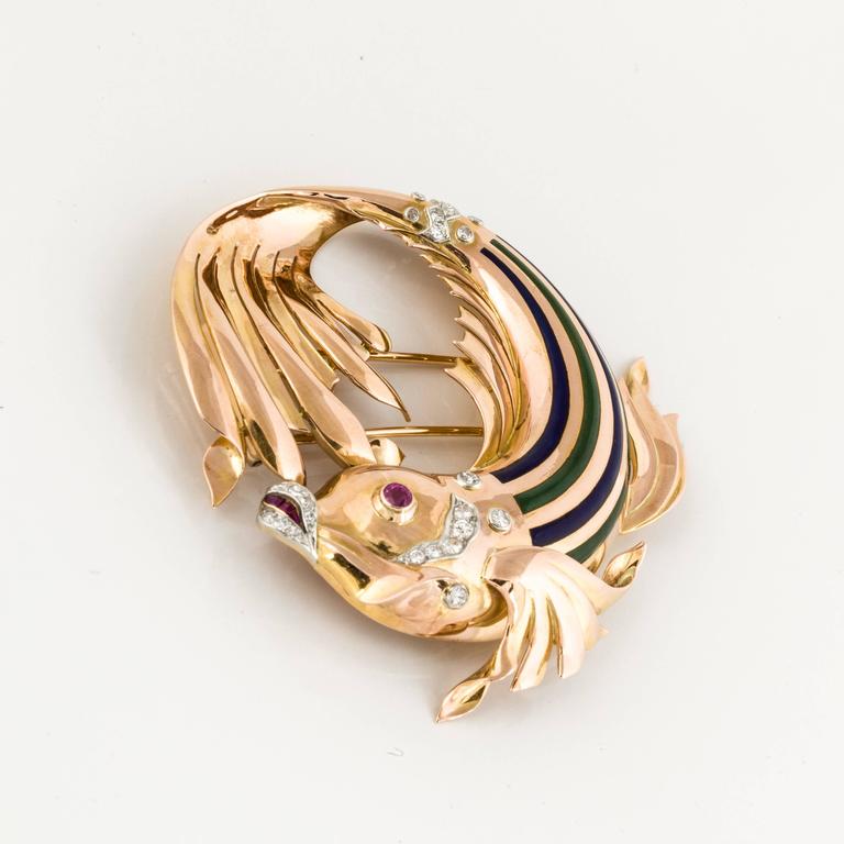 Retro 18K Rose Gold and Enamel Fish Pin For Sale (Free Shipping) at 1stDibs