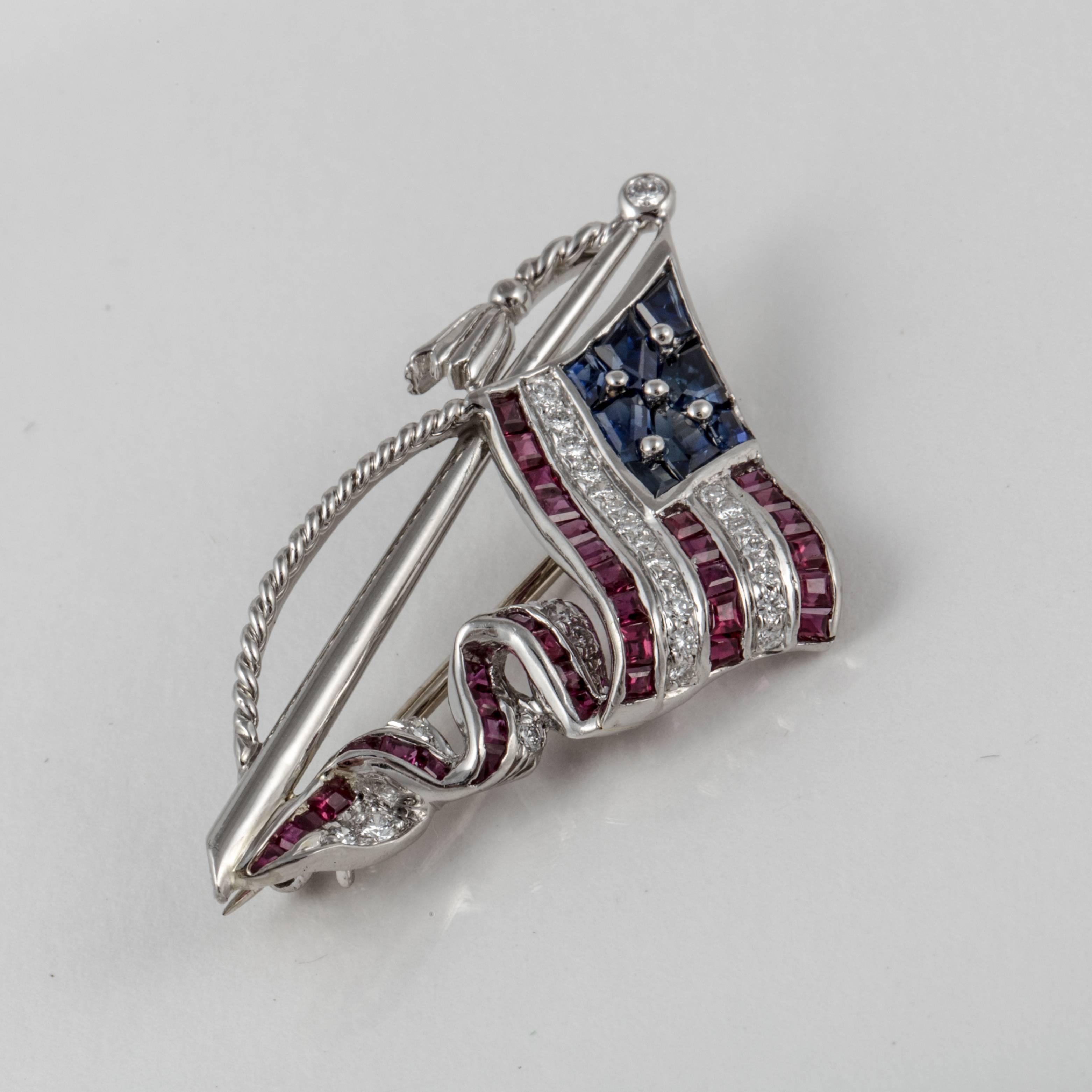 Oscar Heyman Stars And Stripes Platinum Gemstone and Diamond Flag Pin ...