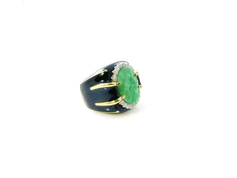 DAVID WEBB Platinum, Diamond, Carved Jadeite Jade and Black Enamel Ring ...