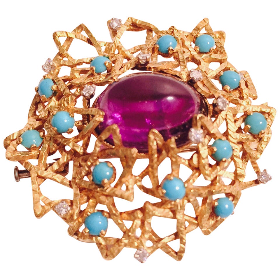 Andrew Grima Turquoise Cabochon Amethyst Diamond Gold Brooch at 1stDibs