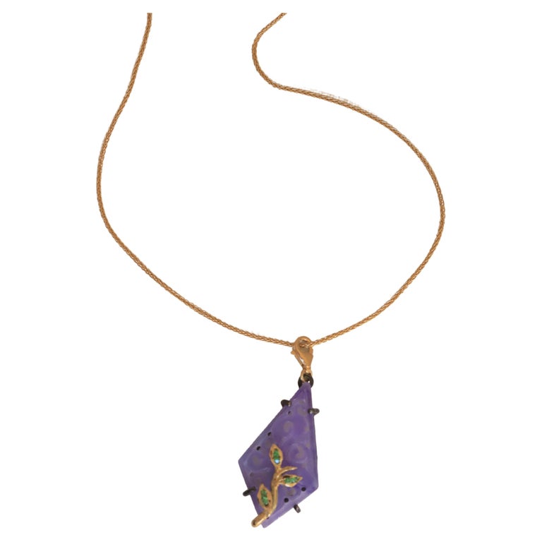Purple Jade Charm and 18 K Yellow Gold Chain Art Deco Style Pendant ...
