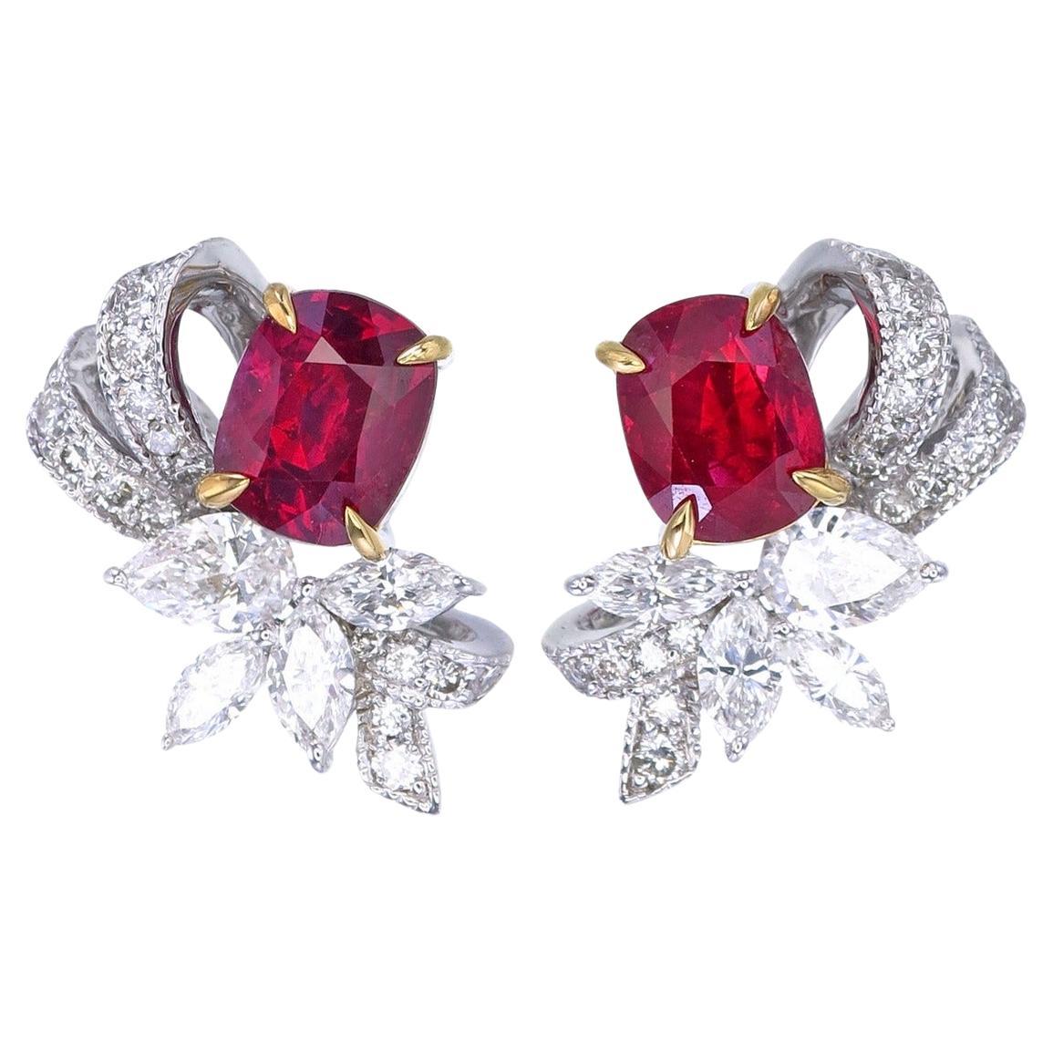 GRS Certified 1.91 Carat Pigeon Blood Burmese No Heat Ruby and Diamond Earring For Sale at 1stDibs