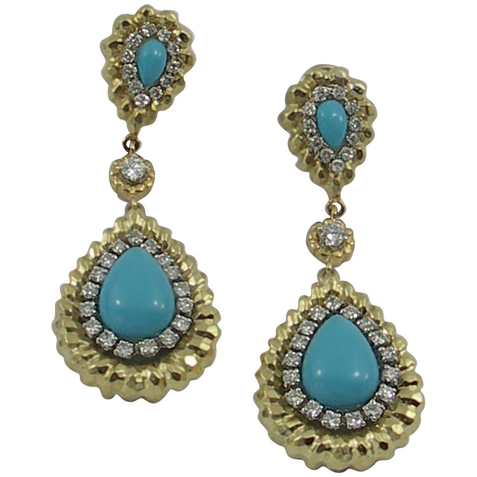 Turquoise Diamond Gold Drop Earrings For Sale at 1stDibs