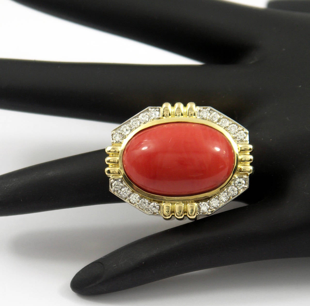 Coral and Diamond Ring with Symmetric Design For Sale at 1stDibs