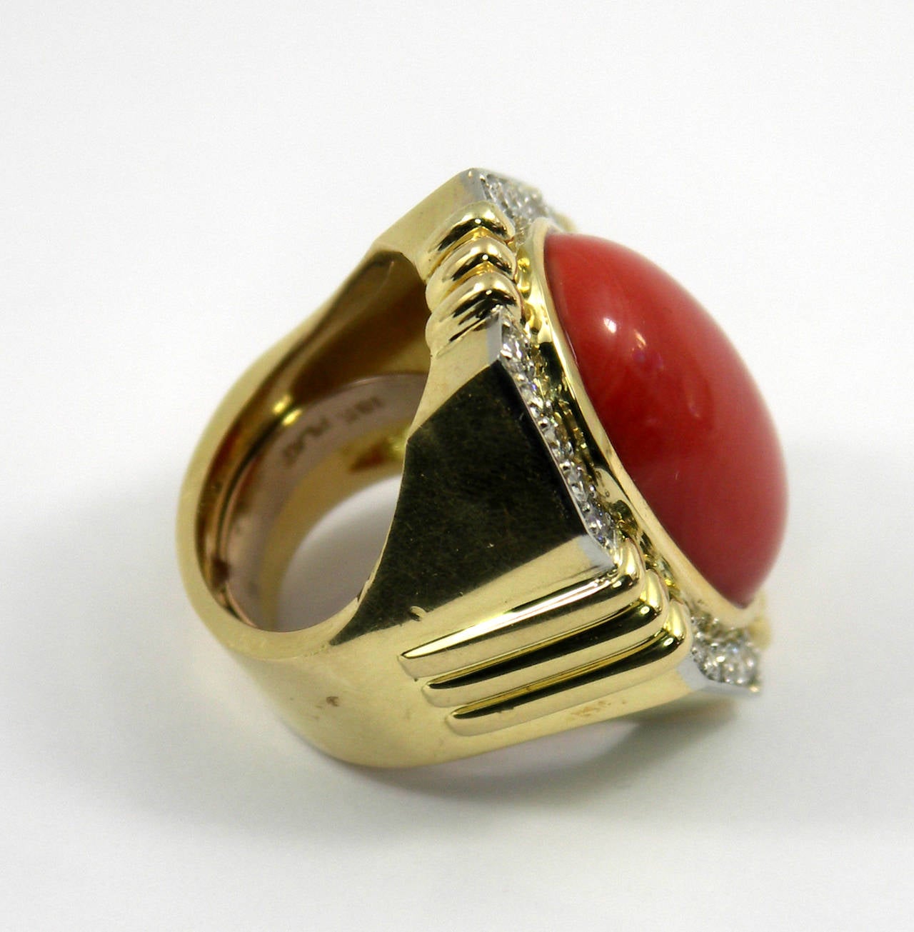 Coral and Diamond Ring with Symmetric Design For Sale at 1stDibs