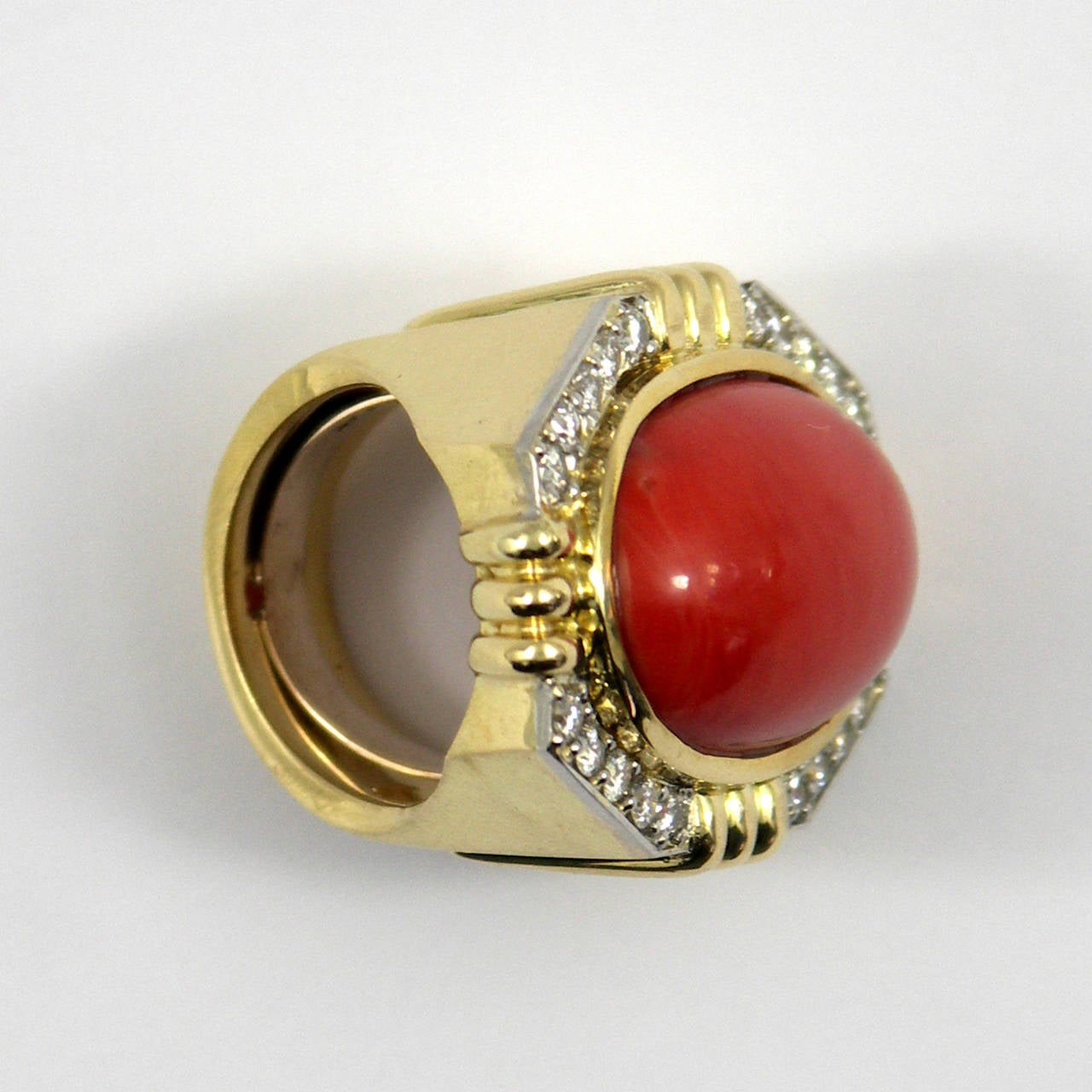 Coral and Diamond Ring with Symmetric Design For Sale at 1stDibs