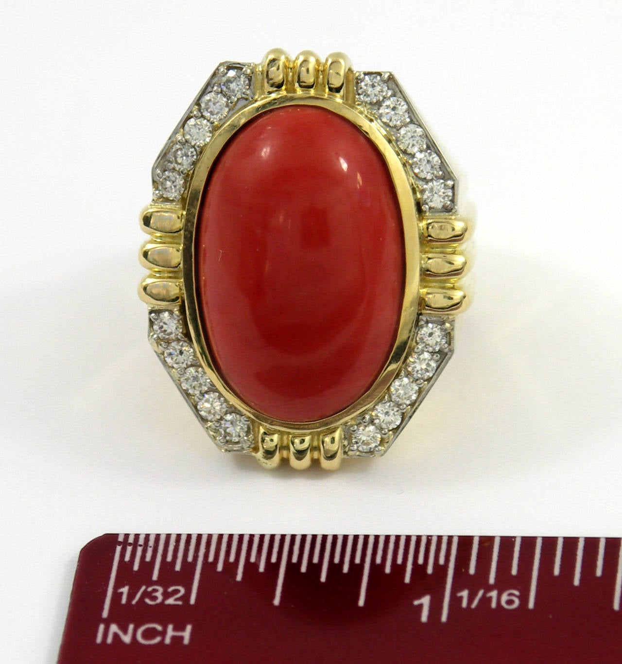 Coral and Diamond Ring with Symmetric Design For Sale at 1stDibs
