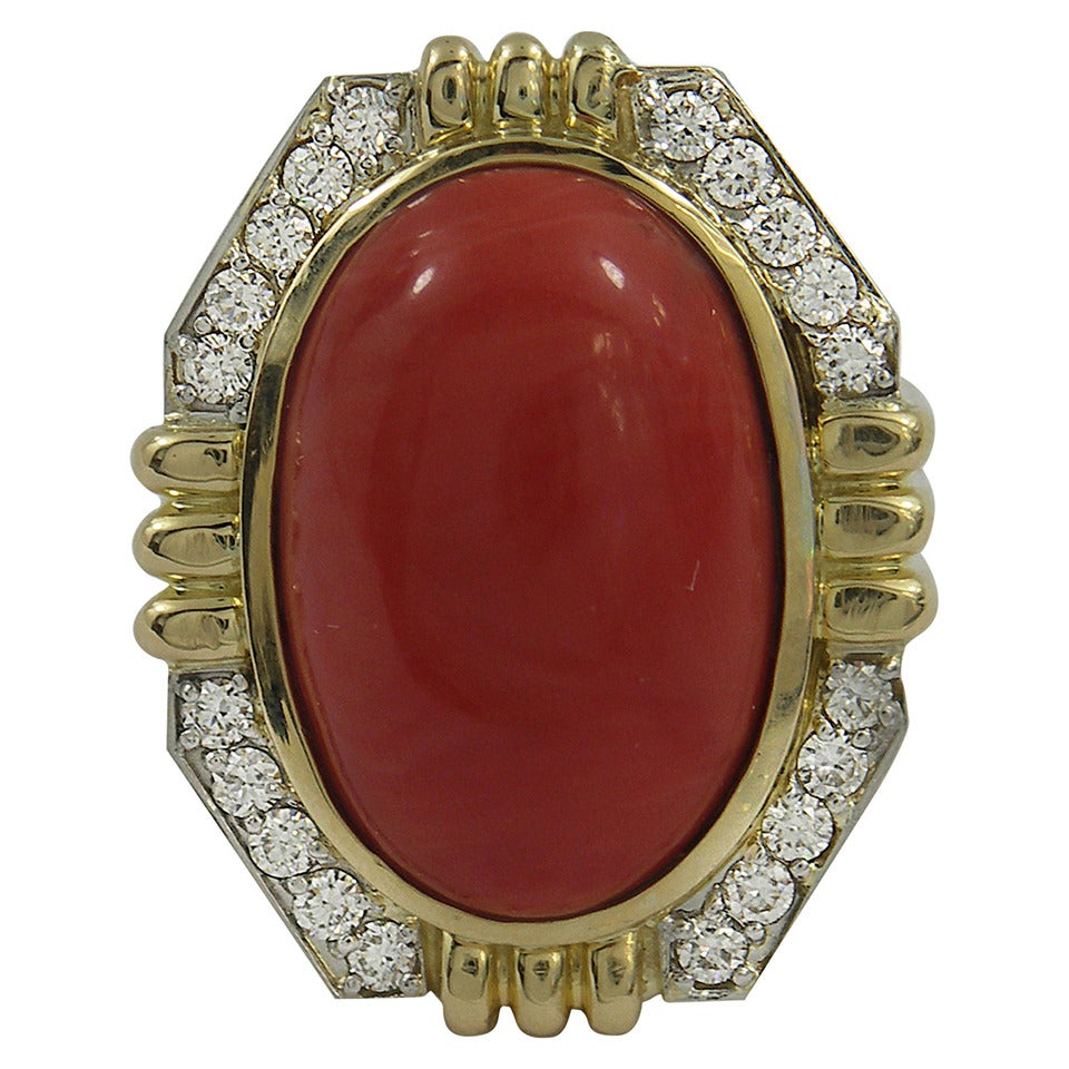 Coral and Diamond Ring with Symmetric Design For Sale at 1stDibs