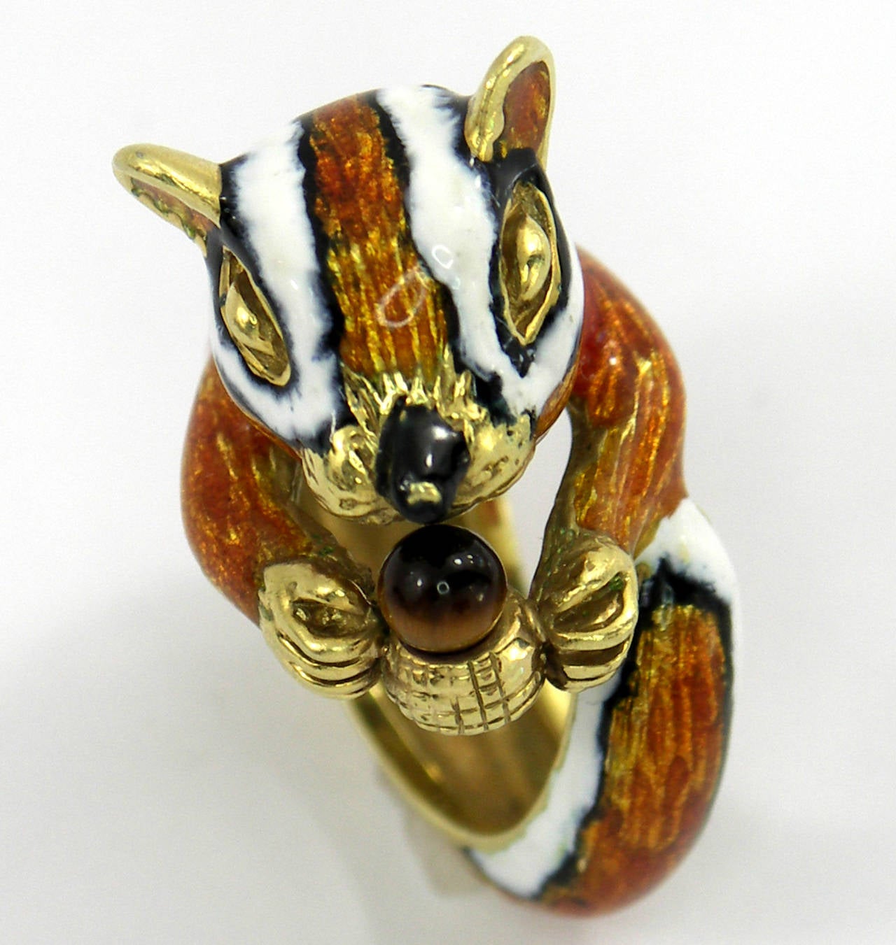 Martine Enamel Tiger's Eye Gold Chipmunk Ring For Sale at 1stDibs