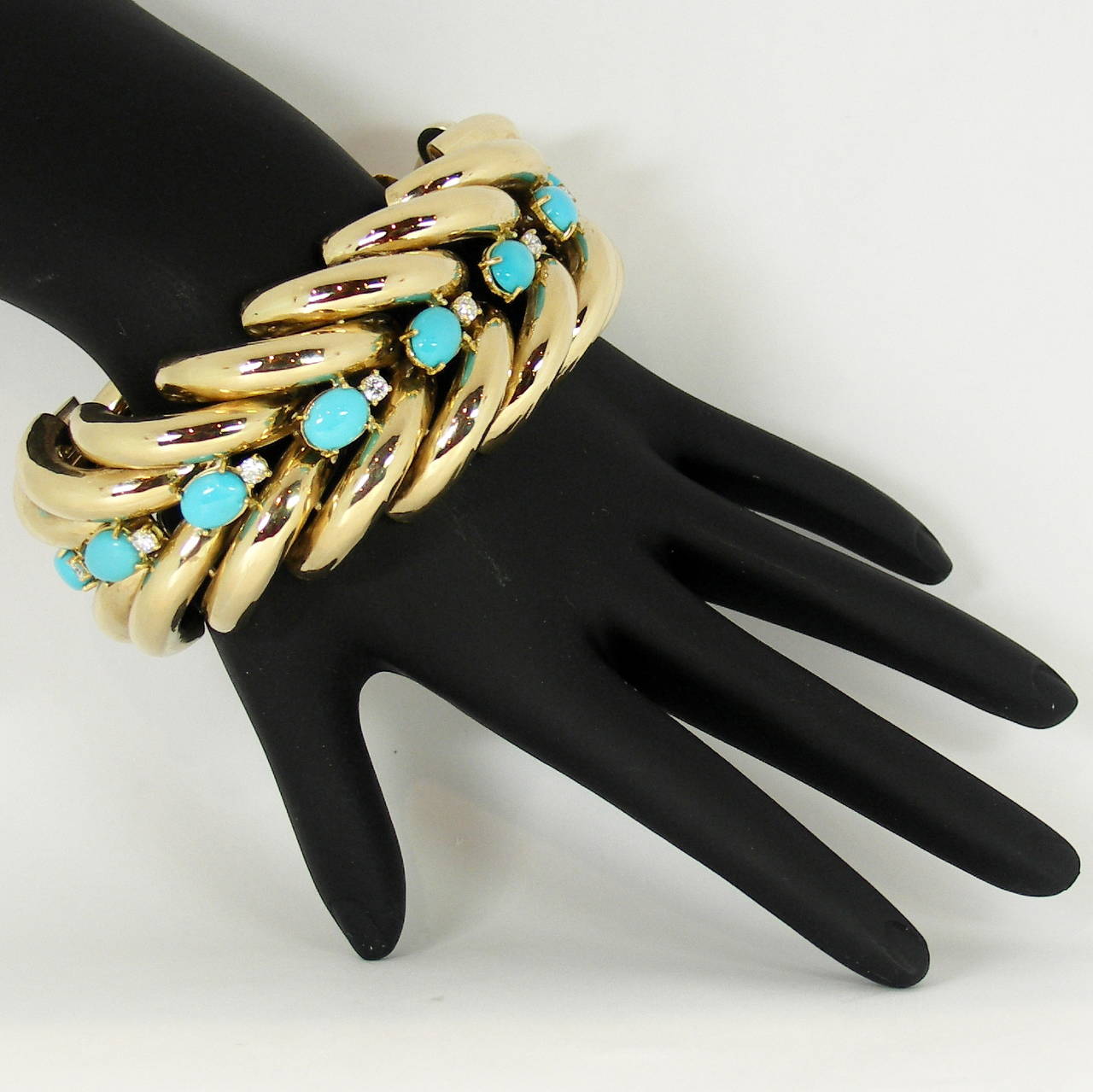 Split Design Turquoise Diamond Gold Bracelet For Sale at 1stDibs
