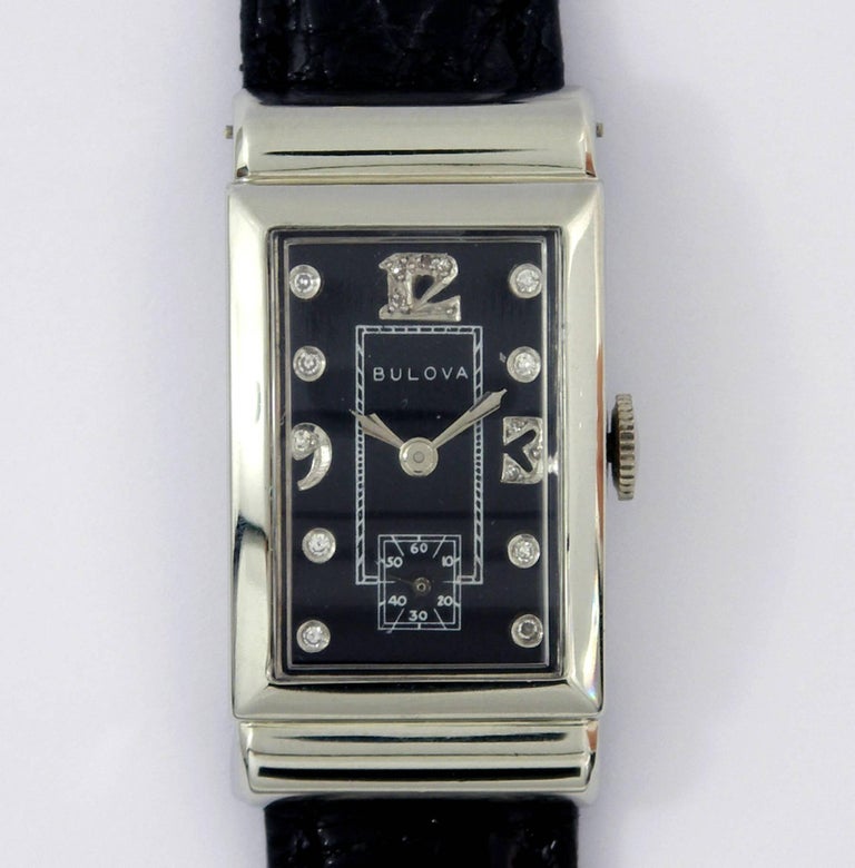 Bulova White Gold Black Diamond Dial Wristwatch For Sale at 1stdibs