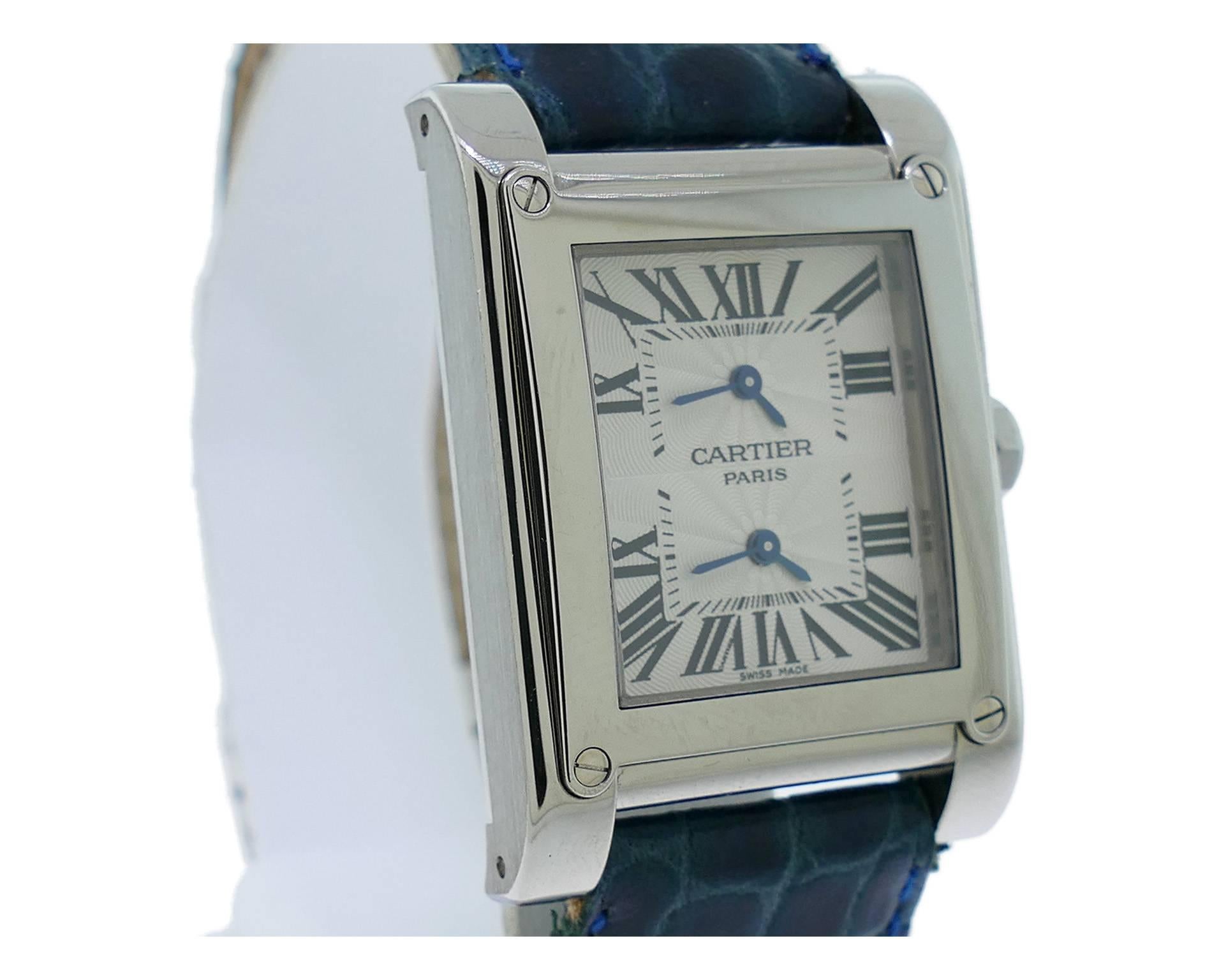 Cartier White Gold Privee Tank A Vis Dual Time Wristwatch at 1stDibs