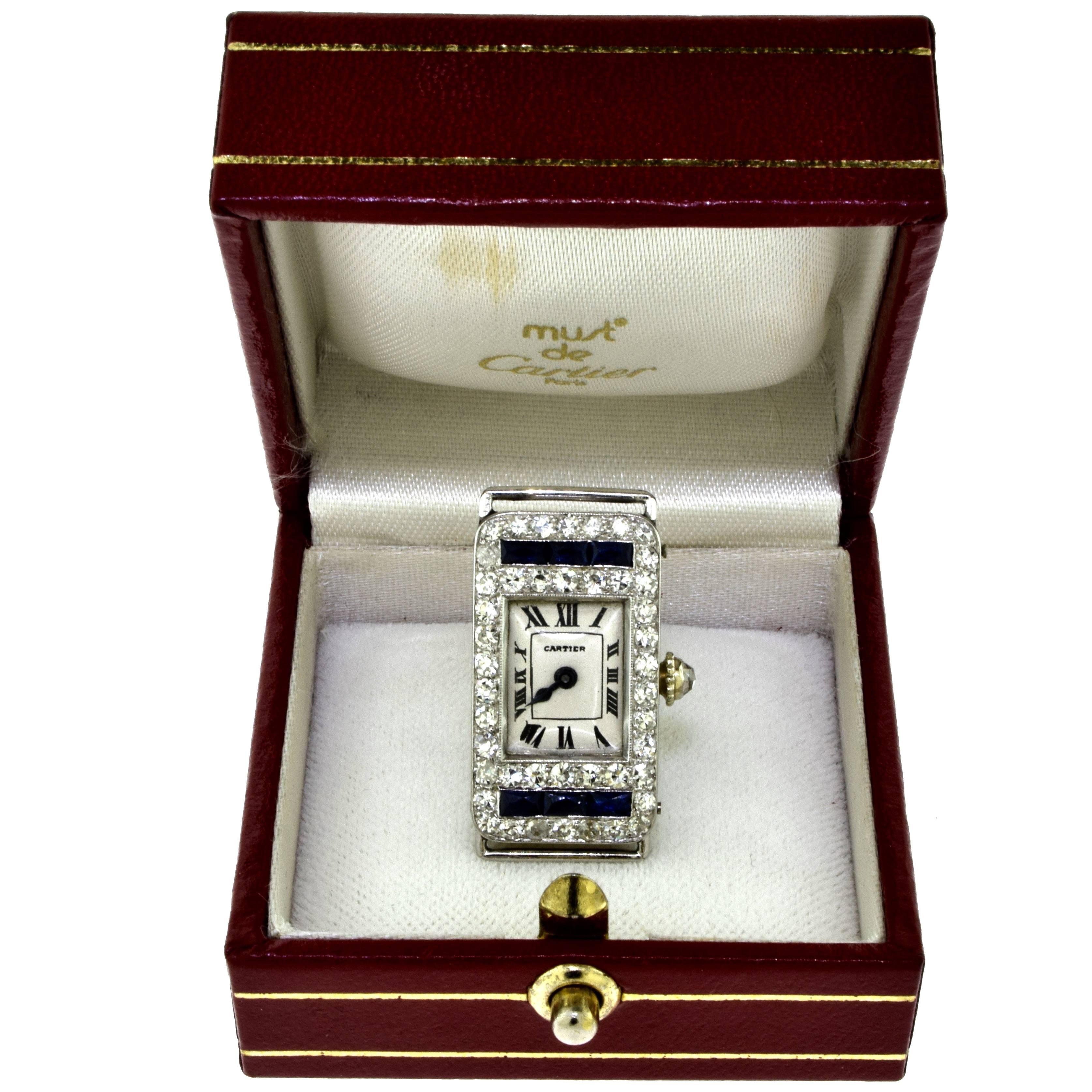 Rare Cartier Art Deco Ladies Rectangle Diamond Sapphire European ...