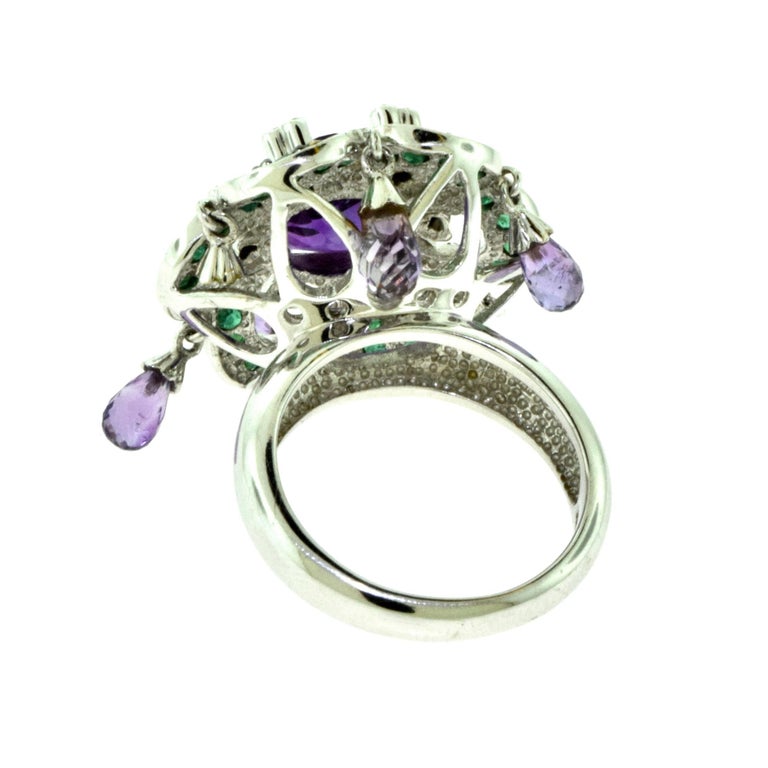 Amethyst, Emerald and Diamond Jingle Dangle Ring in 18 Karat White Gold ...