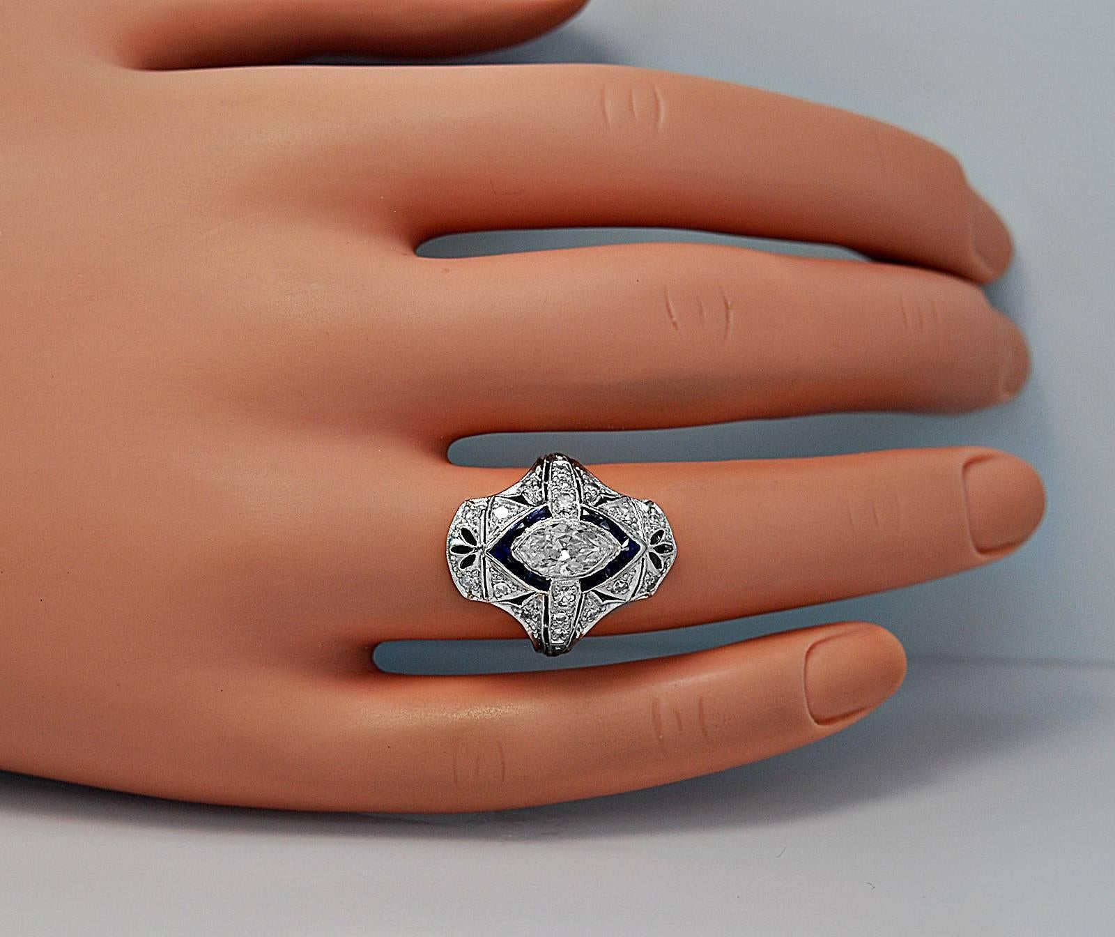 Art Deco .95 Carat Diamond Sapphire Platinum Engagement Ring at 1stDibs