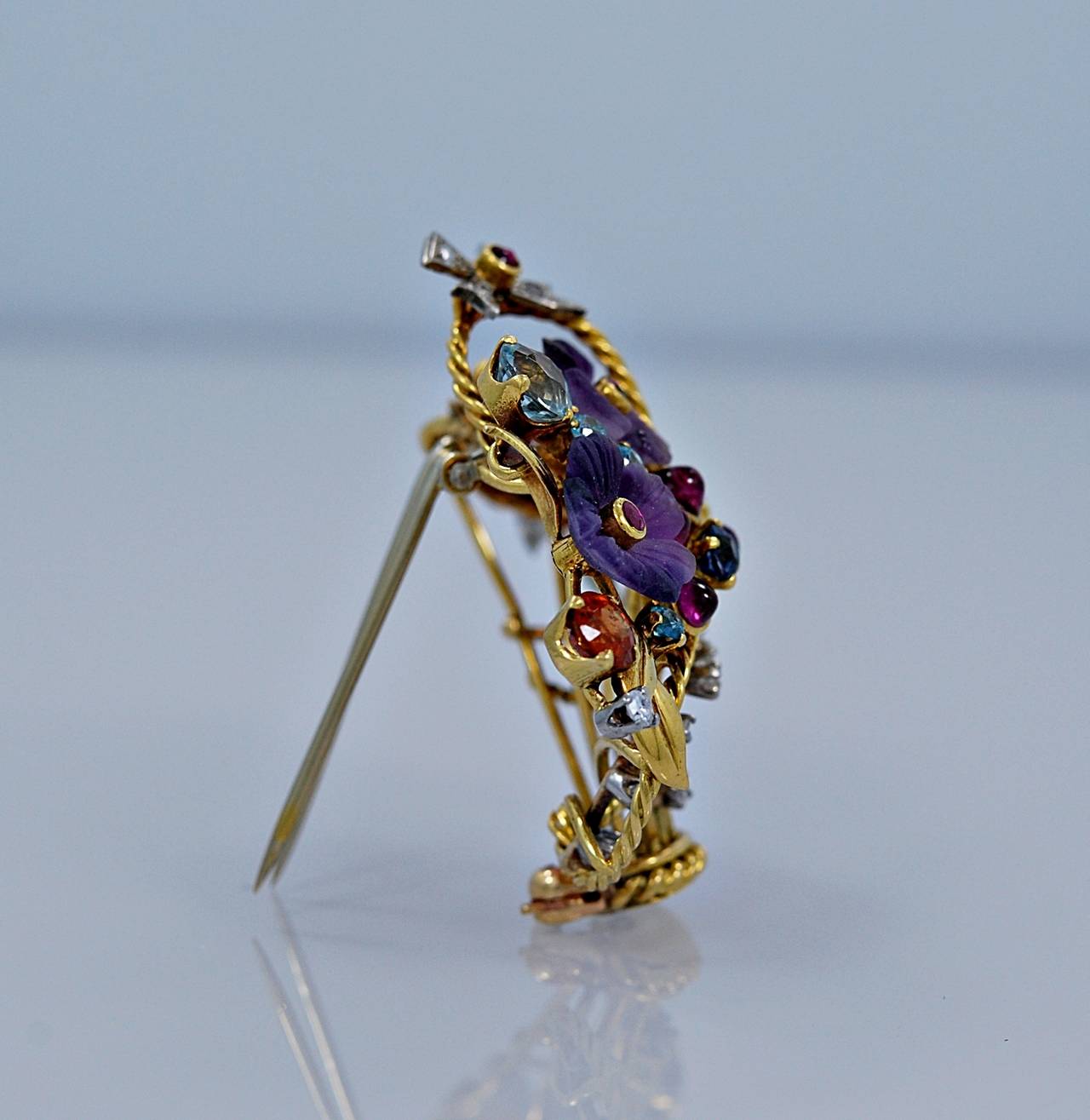 Multi Gem Two Color Gold Flower Bouquet Brooch at 1stDibs