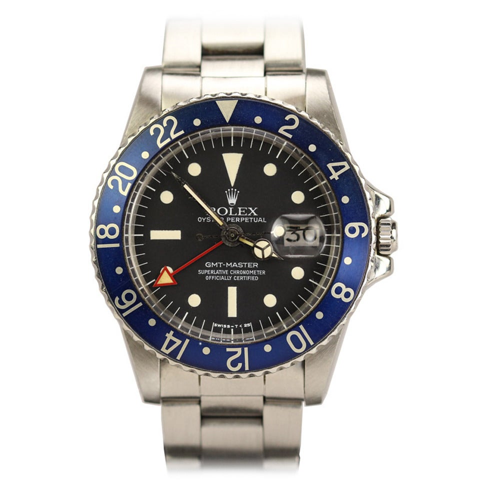Rolex Stainless Steel Blue Bezel GMT-Master Wristwatch Ref 1675 at 1stDibs
