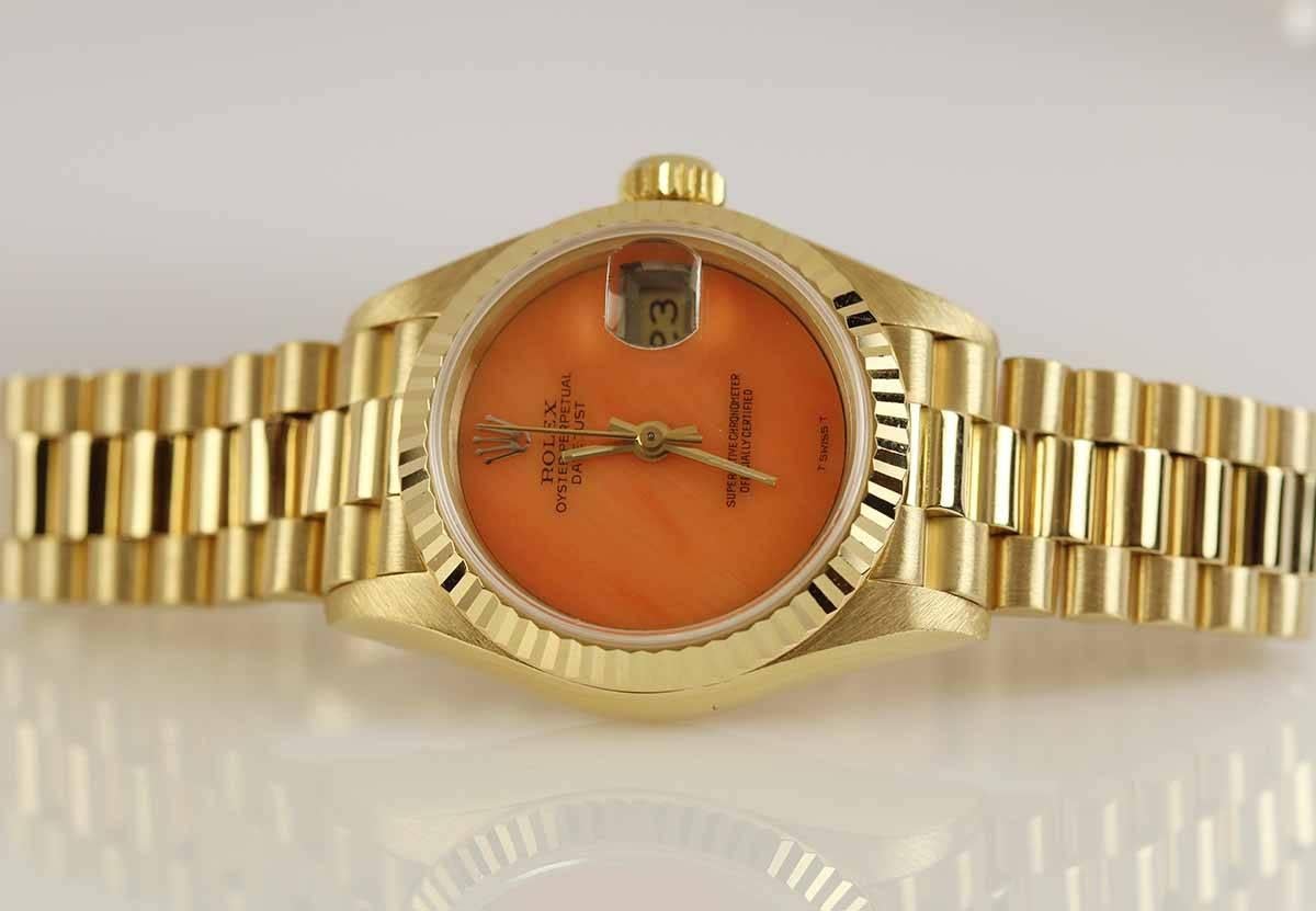 Rolex Lady's Yellow Gold Coral Dial President Wristwatch Ref 69138 at ...