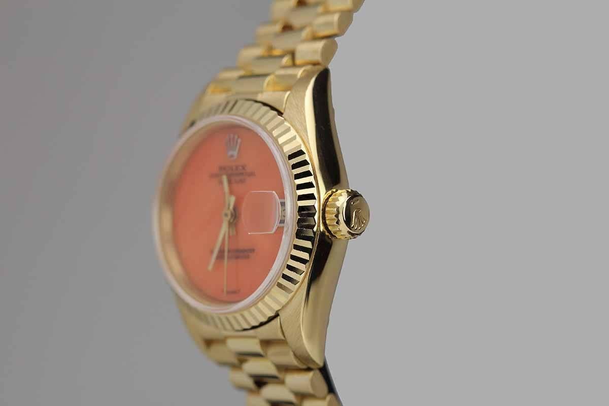 Rolex Lady's Yellow Gold Coral Dial President Wristwatch Ref 69138 at ...