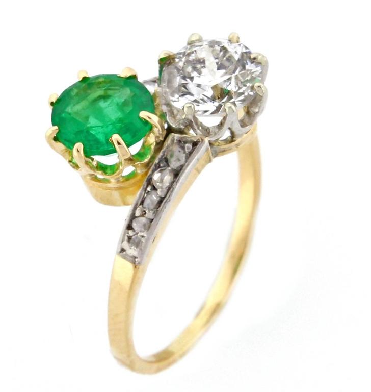 Antique Emerald Diamond Gold Platinum Two Stone Ring at 1stDibs