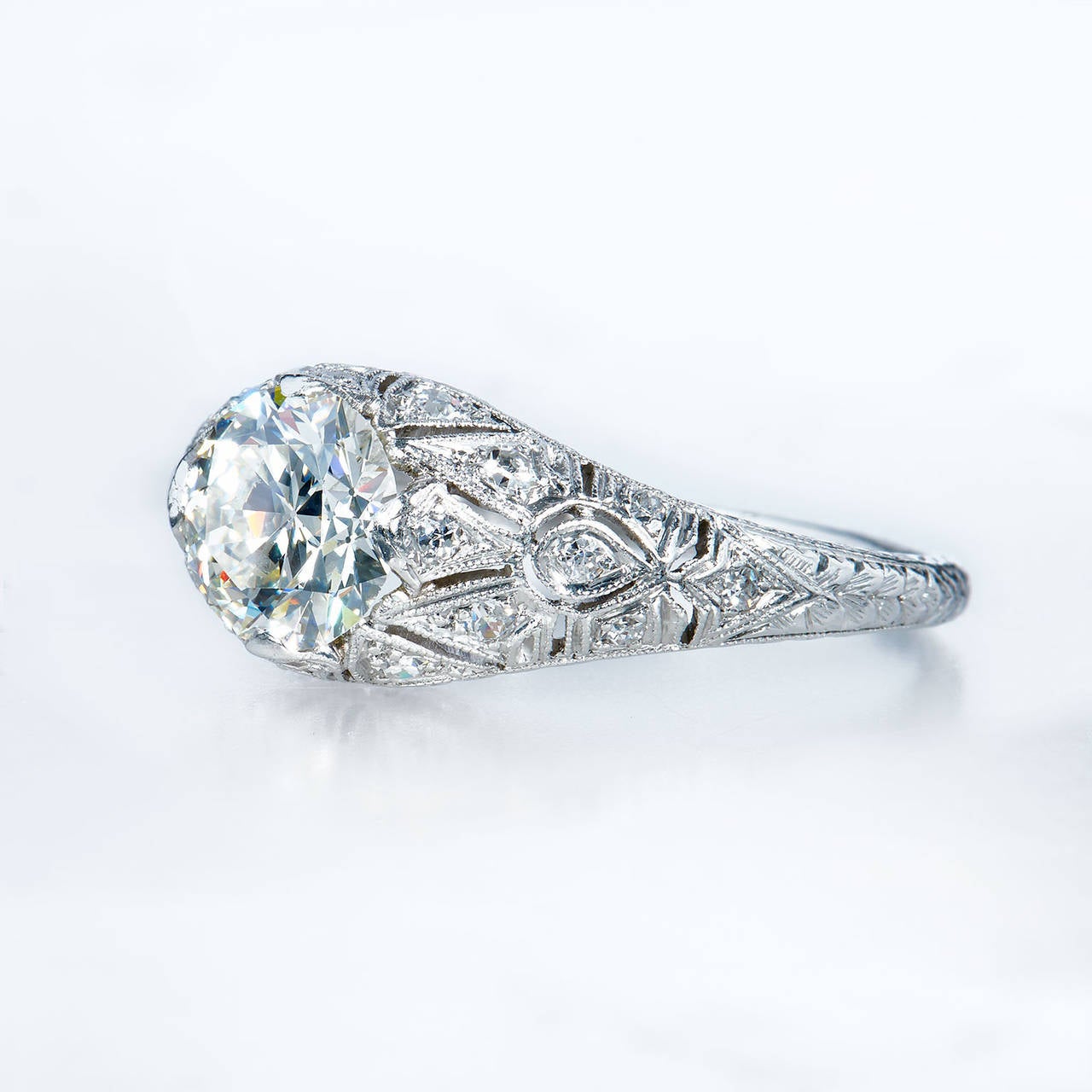 Art Deco 1.63 Carat Diamond Filigree Platinum Dome Ring at 1stDibs