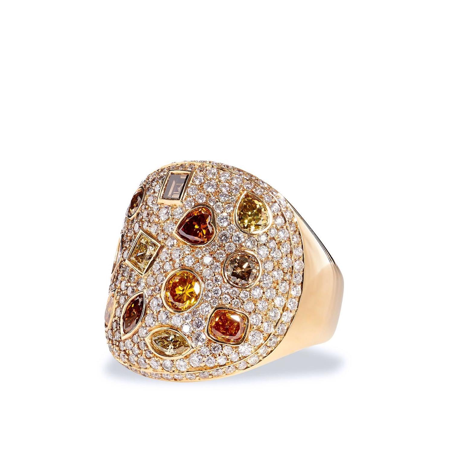 Yellow Gold Multicolor Diamond Cocktail Ring at 1stdibs