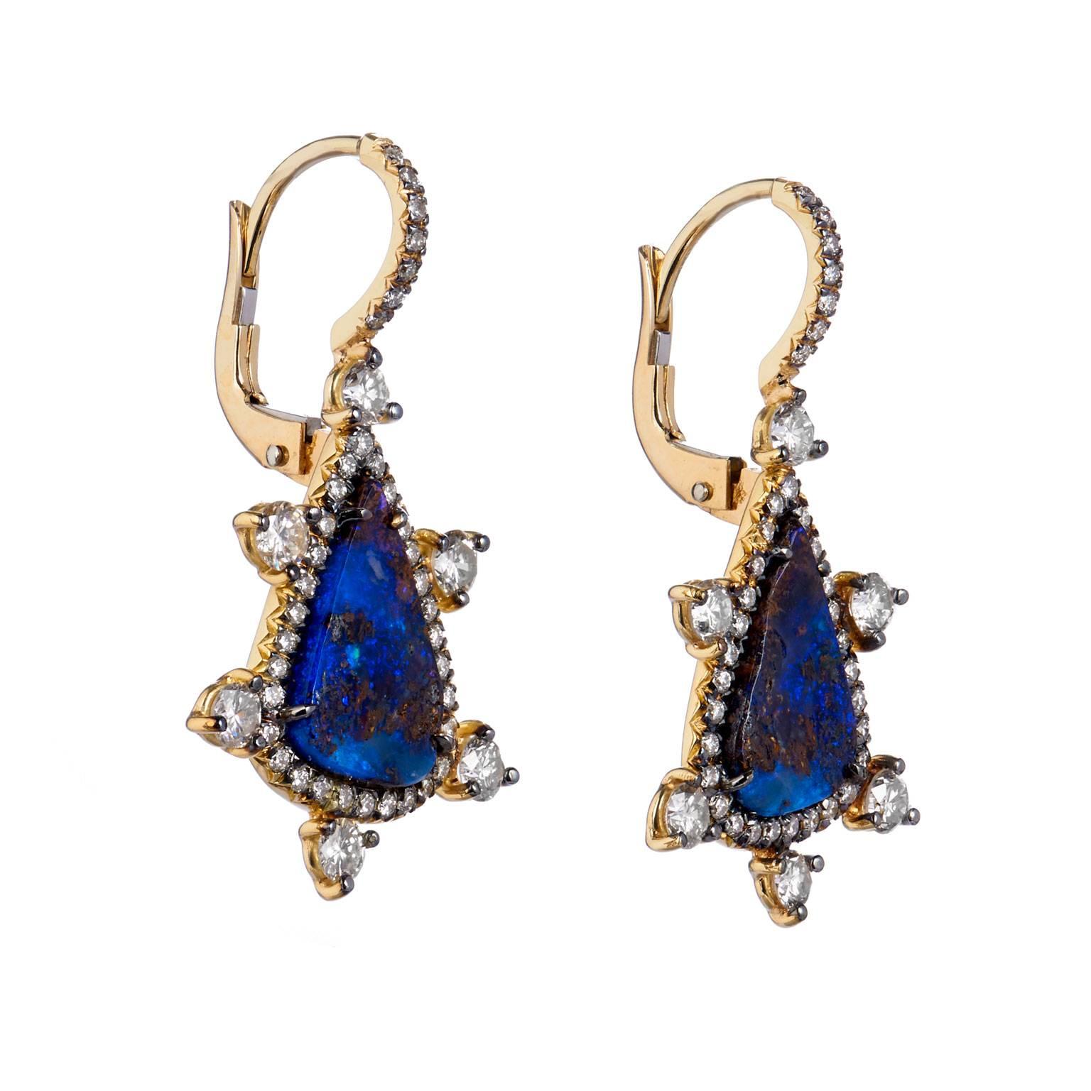 5.02 Carats Australian Boulder Opals Diamond Gold Earrings at 1stDibs