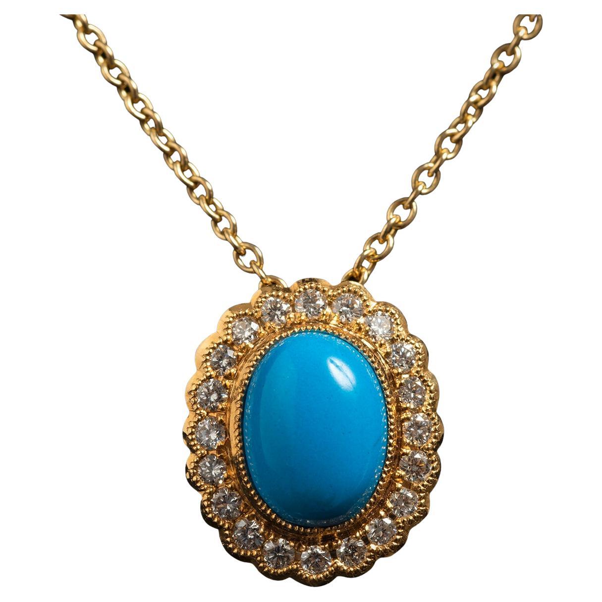9 Carat Yellow Gold Turquoise Oval Diamond Necklace For Sale at 1stDibs