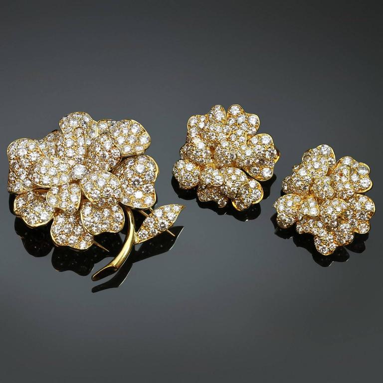 Van Cleef and Arpels Diamond Gold Flower Brooch and Earrings Suite For ...