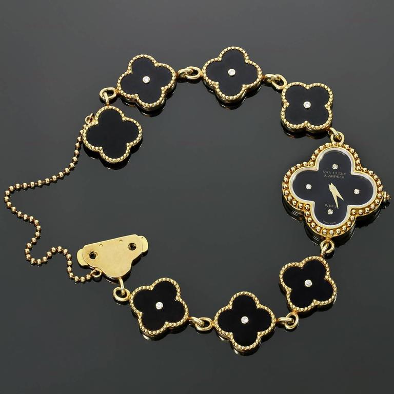 Van Cleef and Arpels Alhambra Onyx Diamond Yellow Gold Watch For Sale ...