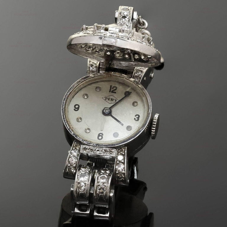 Pery Ladies Platinum Diamond Vintage Covered Face Bracelet Wristwatch ...