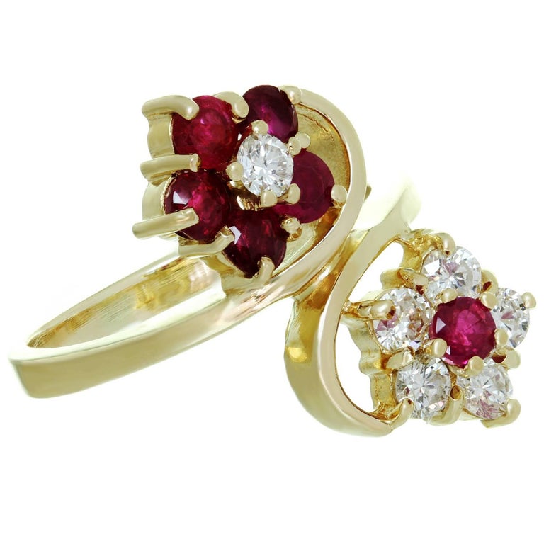 Diamond Ruby Two Flower Yellow Gold Ring For Sale at 1stDibs | ruby ...