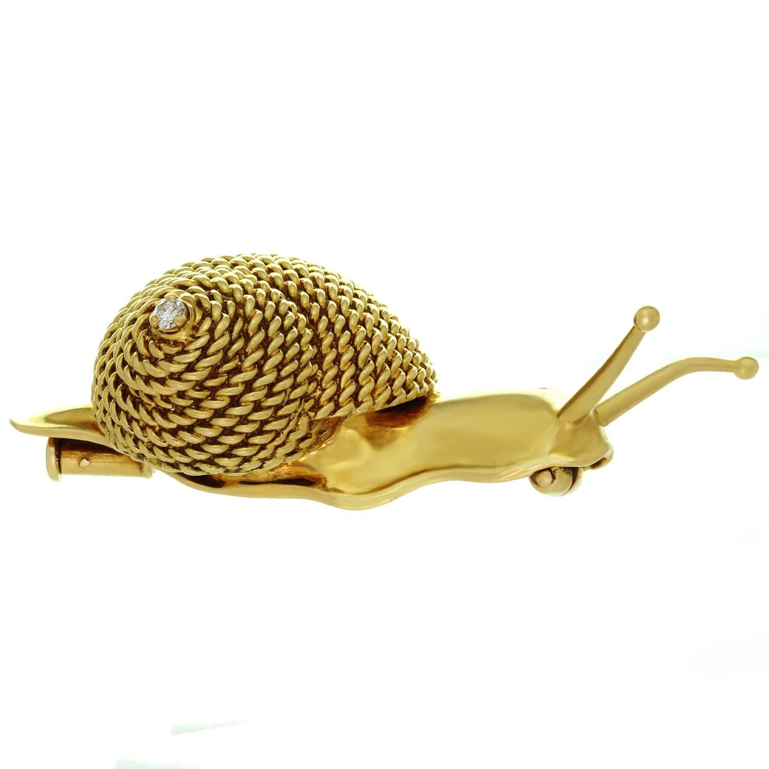 HERMES Solitaire Diamond Yellow Gold Snail Brooch For Sale at 1stDibs