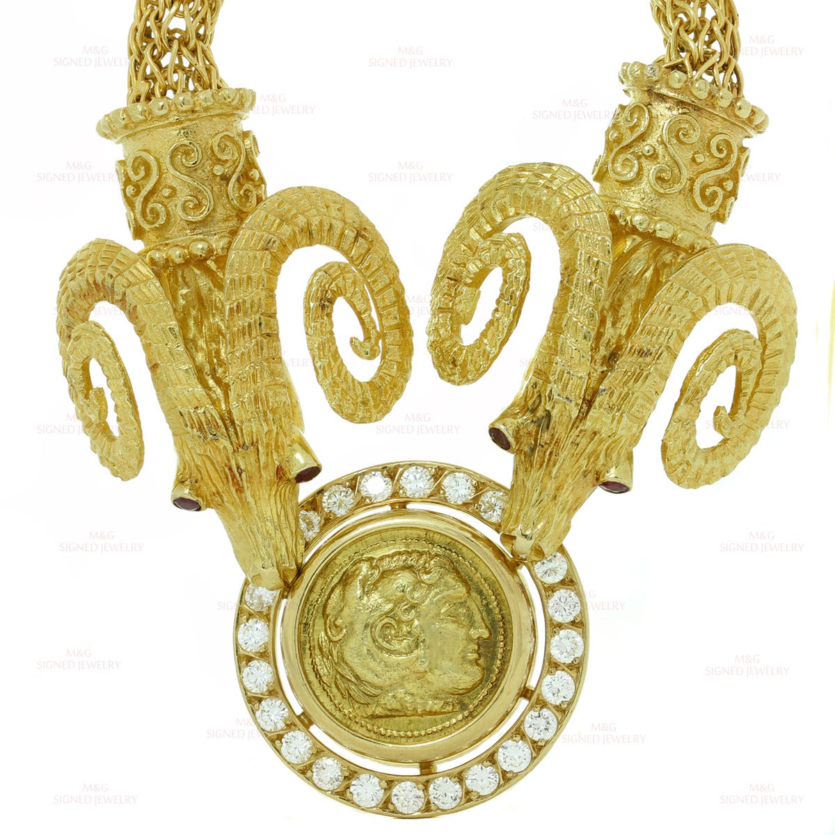 1990s Greek Diamond Ruby Yellow Gold Greek Coin Ram Necklace For Sale ...