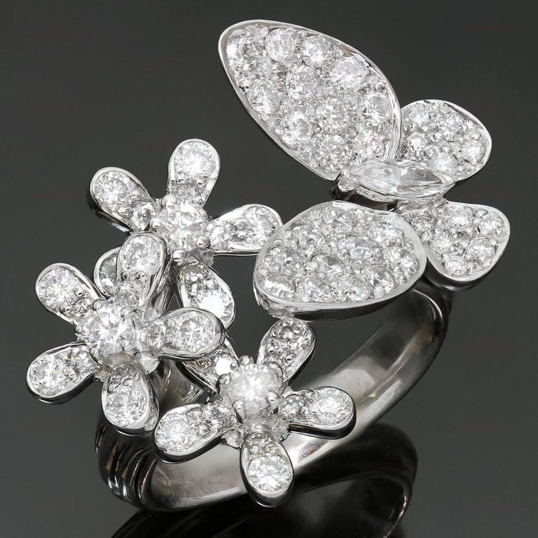 Diamond 18k White Gold Butterfly Flower Ring at 1stDibs
