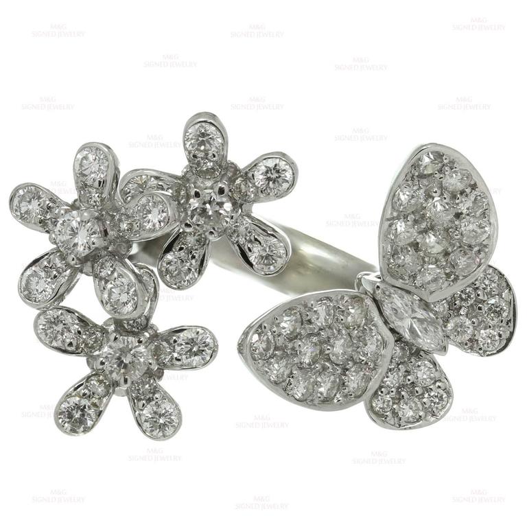 Diamond 18k White Gold Butterfly Flower Ring at 1stDibs